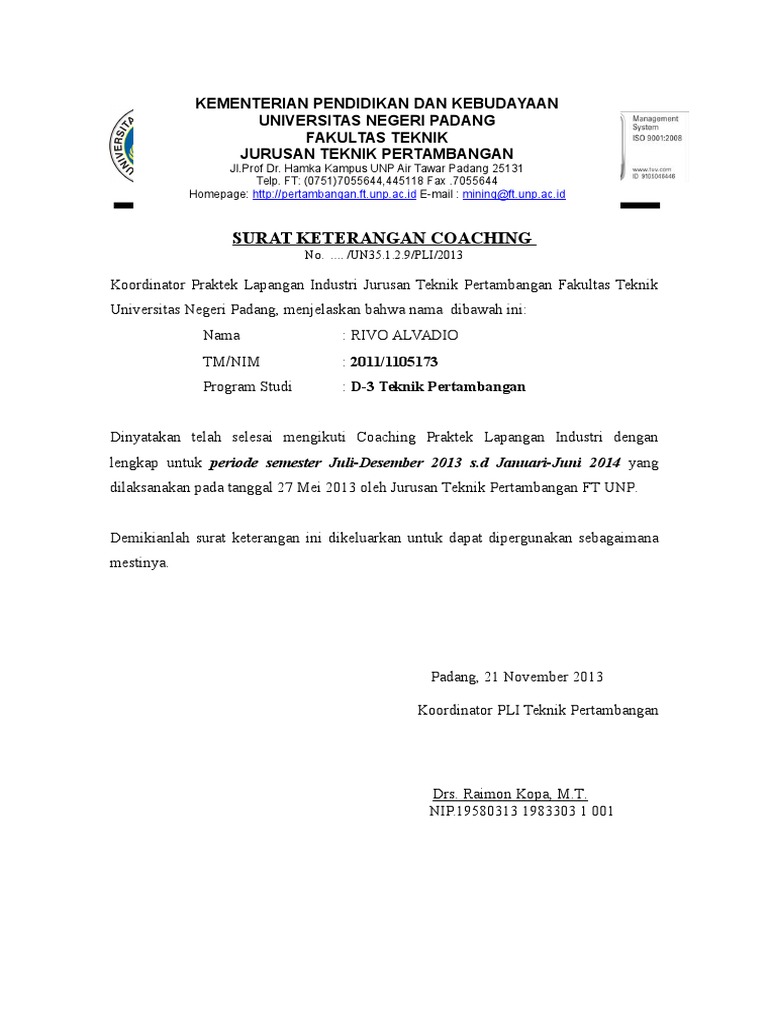 Surat Keterangan COACHING 1 | PDF