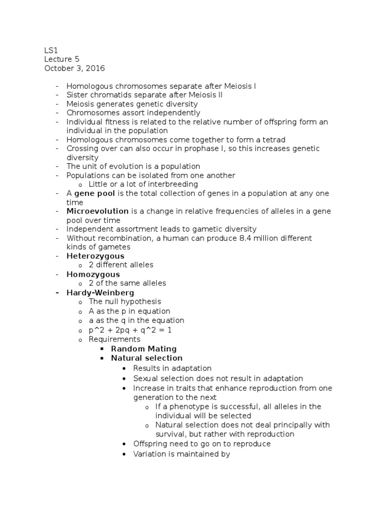 LS1 Lecture 5 | PDF | Natural Selection | Allele