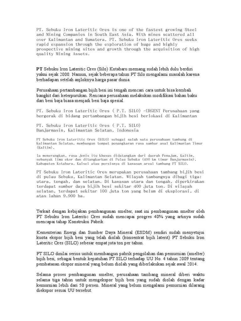 PT Sebuku Iron Lateritic Ores: Profil dan Rencana | PDF