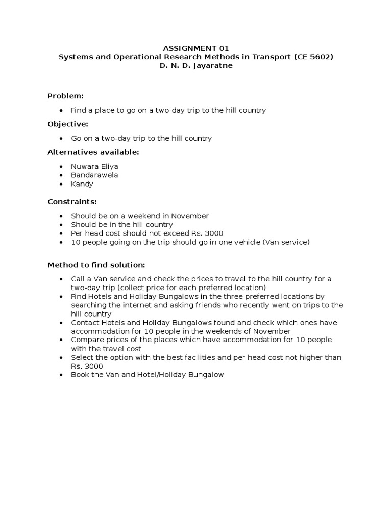 Assignment 01 Systems and Operational Research Methods in Transport (CE ...