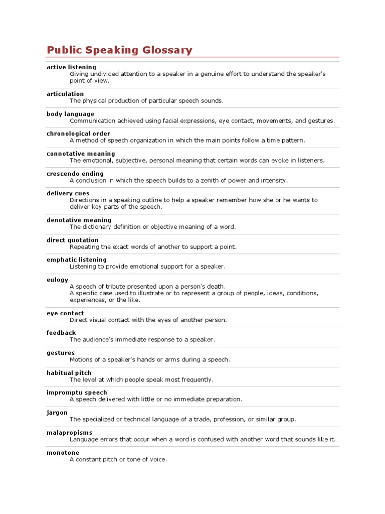 Public Speaking Glossary Terms Explained | PDF | Nonverbal ...