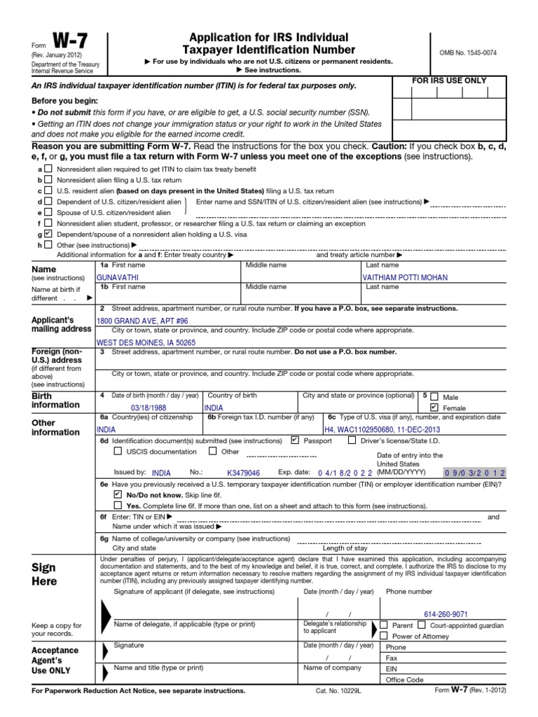Application For IRS Individual Taxpayer Identification Number | PDF ...