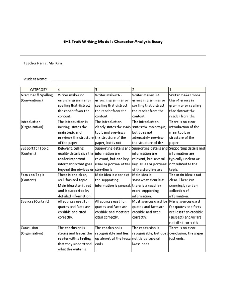 Character Analysis Essay Rubric | PDF