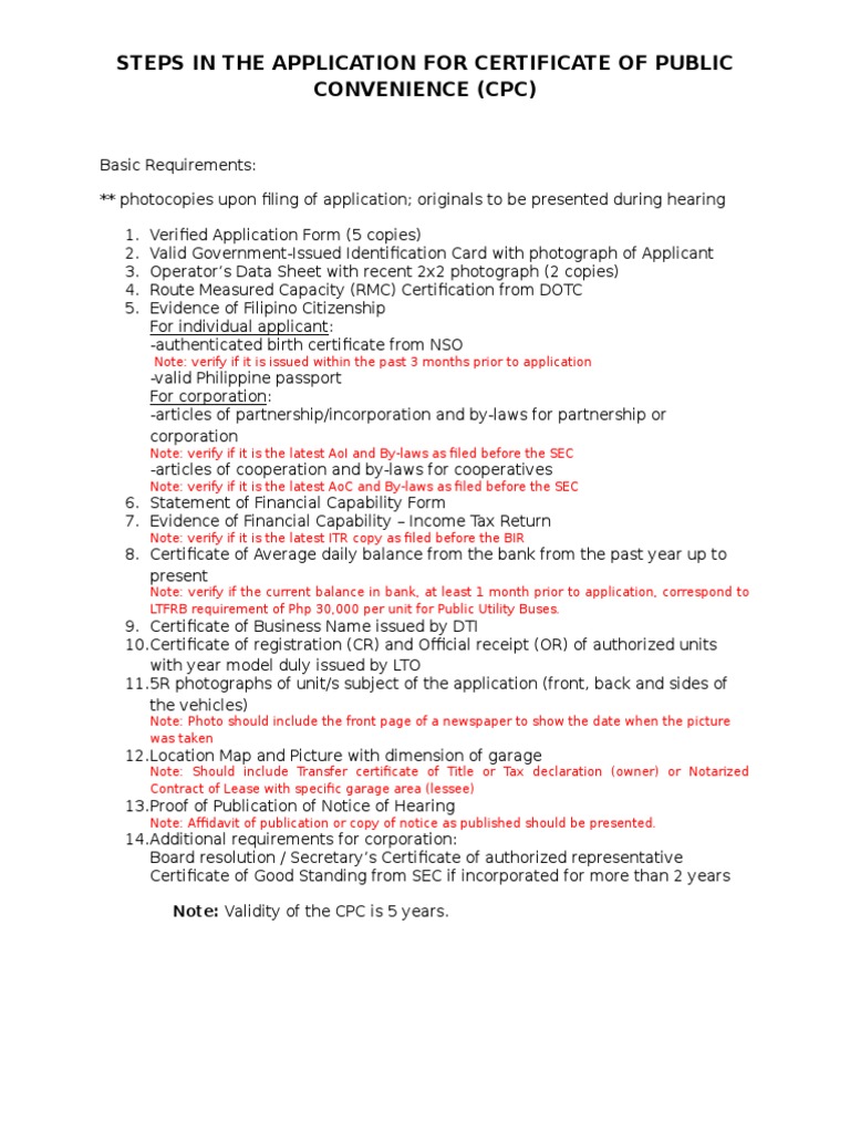 Steps in the Application for Certificate of Public Convenience | Lease ...