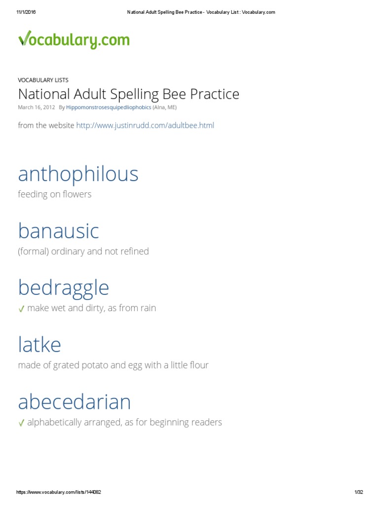 National Adult Spelling Bee Practice - Vocabulary List - Vocabulary PDF ...