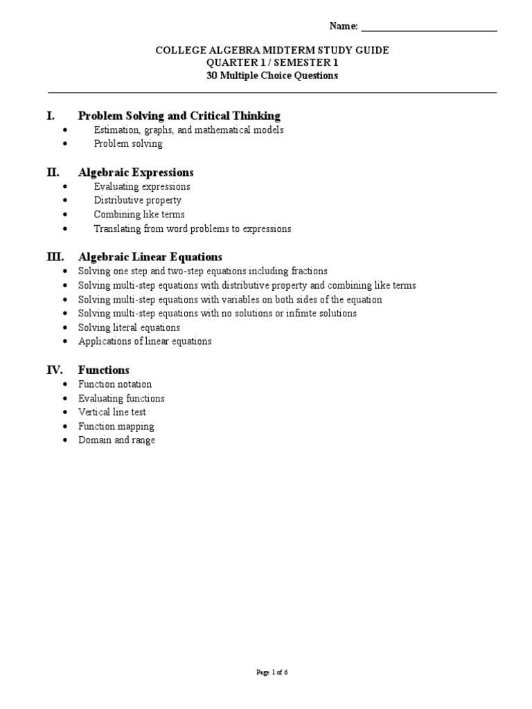 College Algebra Midterm Study Guide Sem1 | PDF | Equations | Function ...