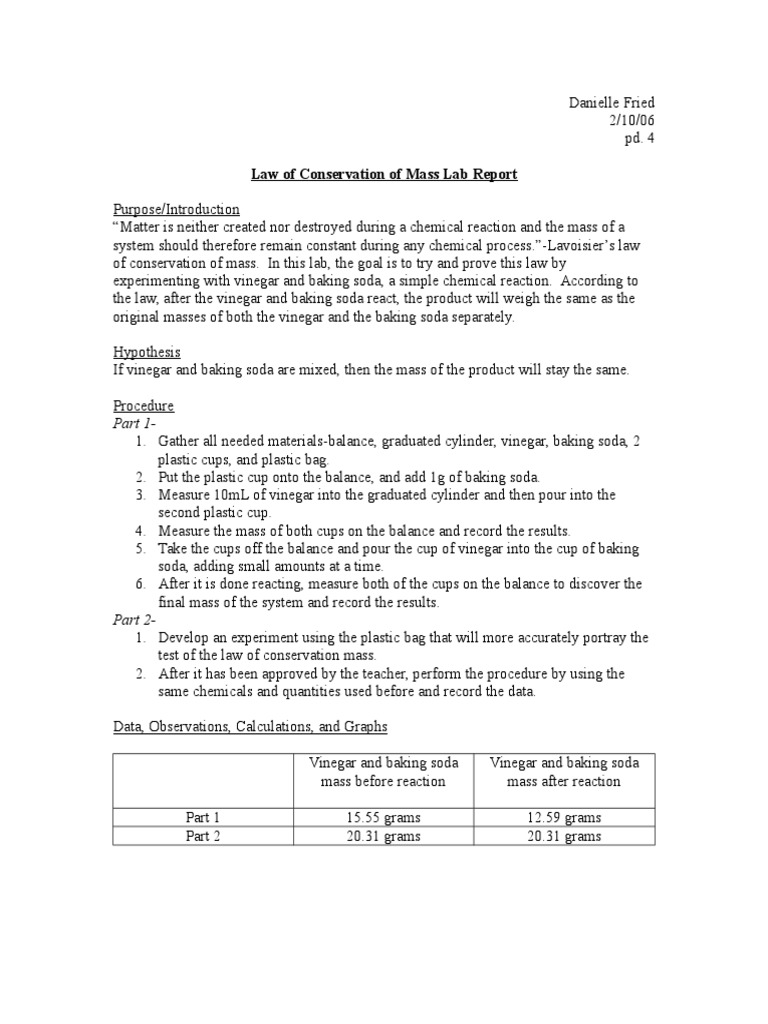Law of Conservation of Mass Lab Report | PDF | Experiment | Mass