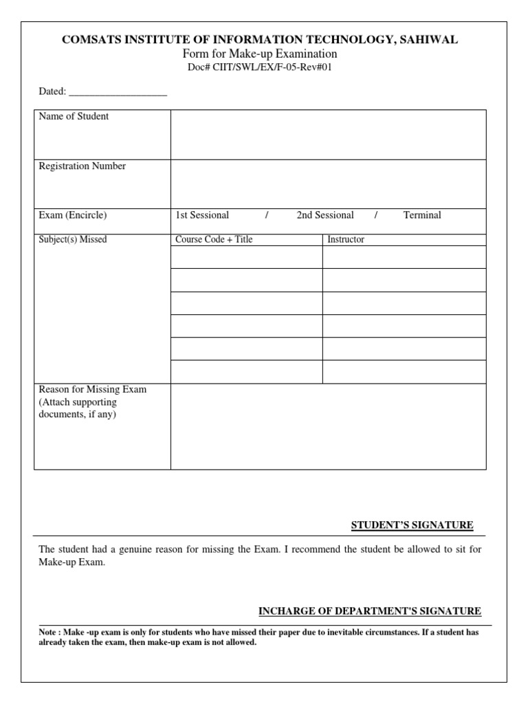 Comsats Institute of Information Technology, Sahiwal: Form For Make-Up ...