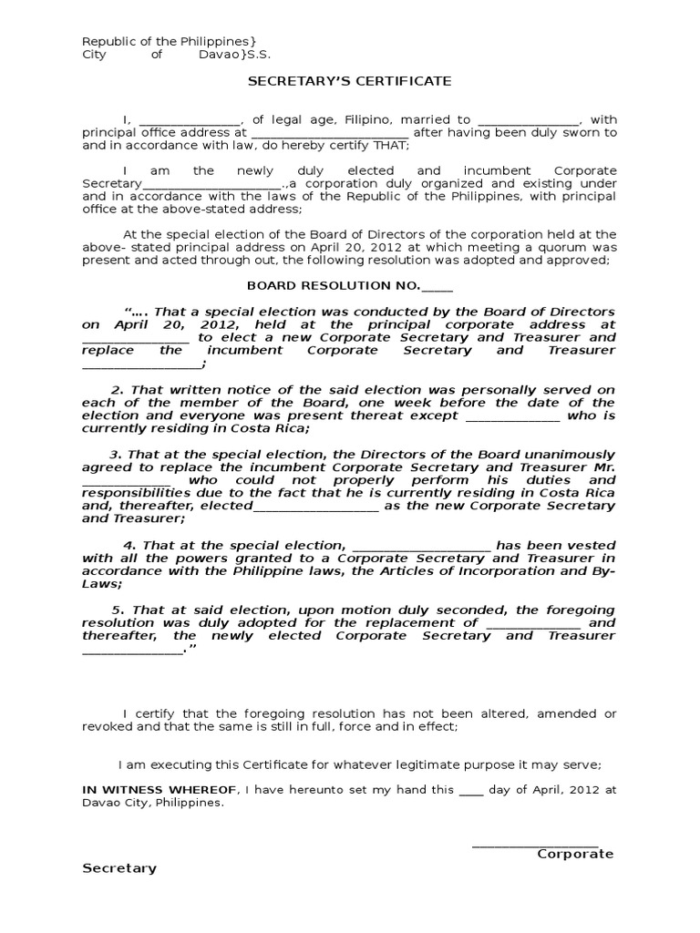 Secretary's Certificate - SAMPLE | PDF