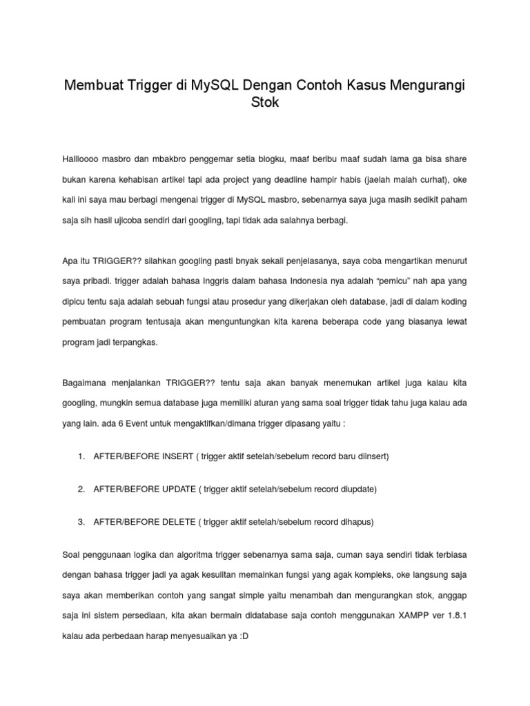 Membuat Trigger Di MySQL Dengan Contoh Kasus Mengurangi Stok | PDF