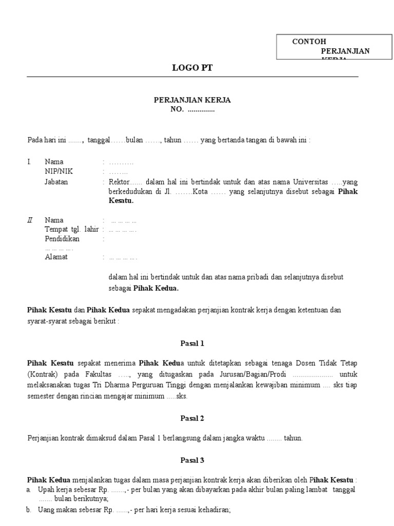 Contoh Perjanjian Kerja Pengusulan NIDK | PDF