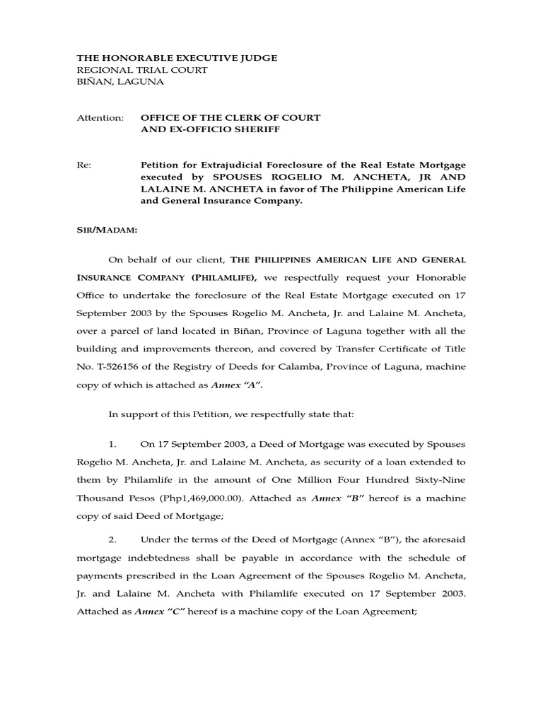 Petition For Extrajudicial Foreclosure | PDF | Foreclosure | Mortgage Law