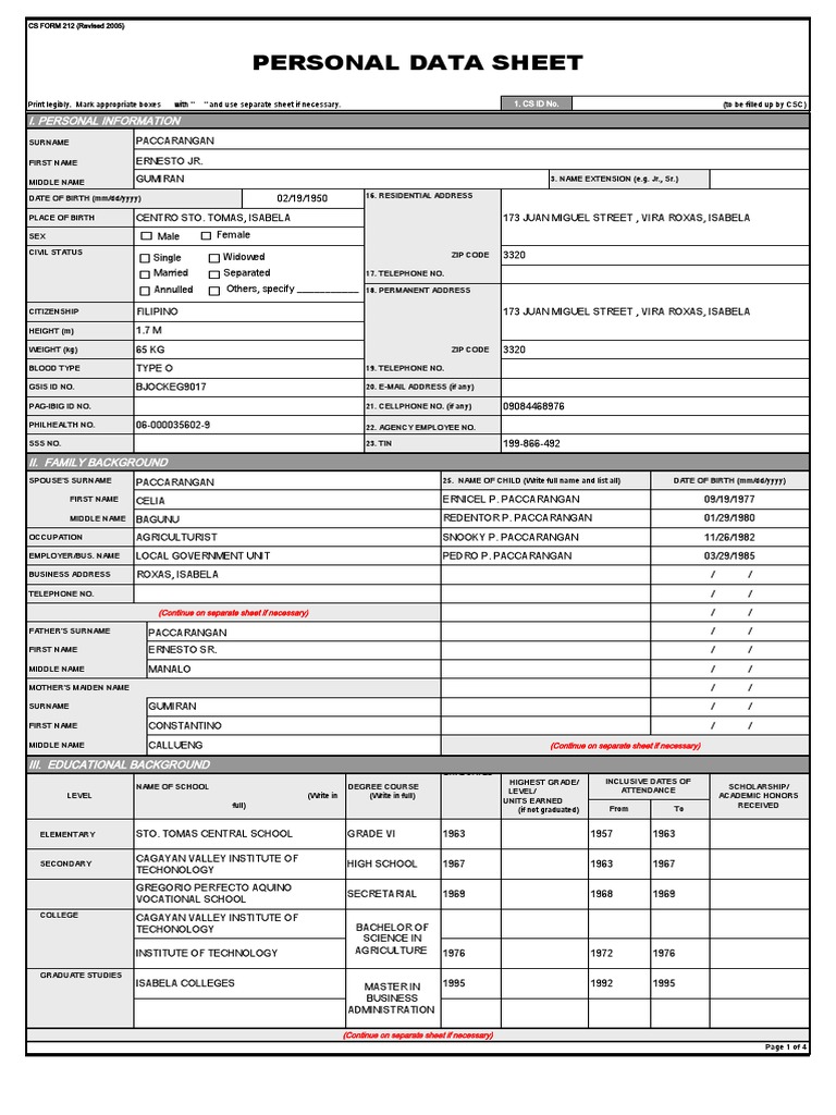 Personal Data Sheet CS Form 212 | Download Free PDF | Government