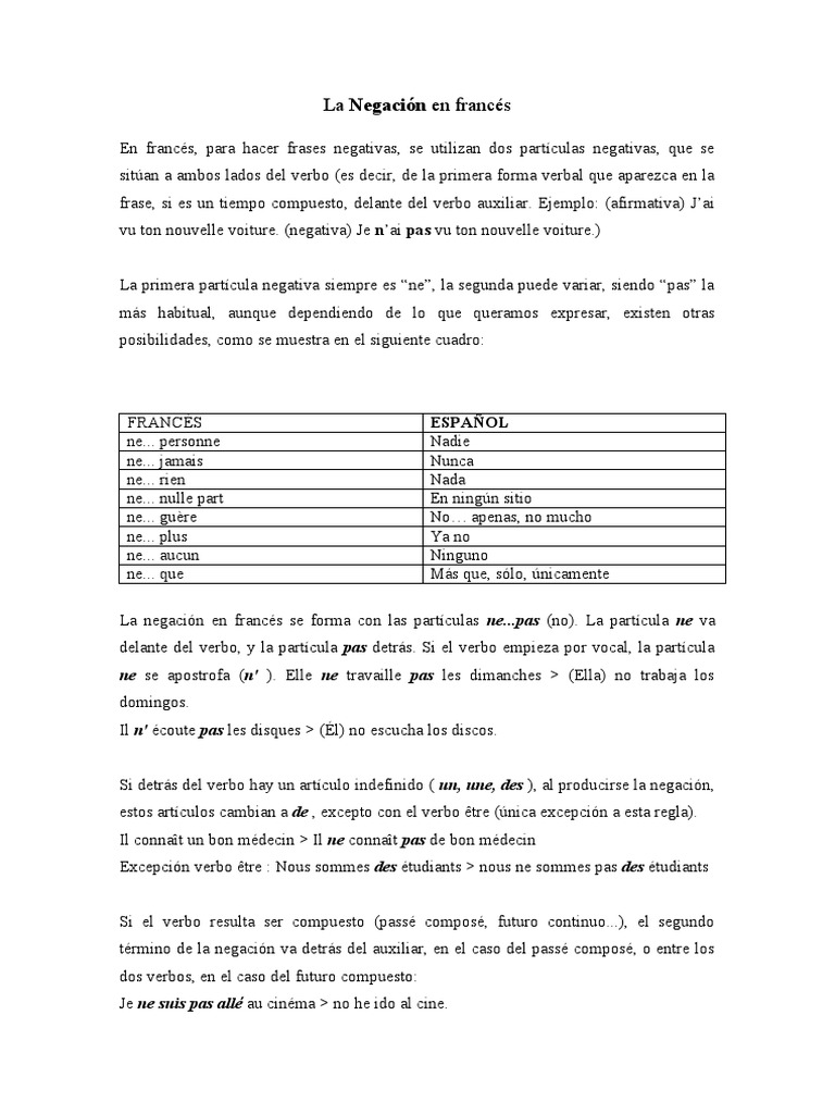 Negación en francés: Guía completa | PDF | Verbo | Idioma francés