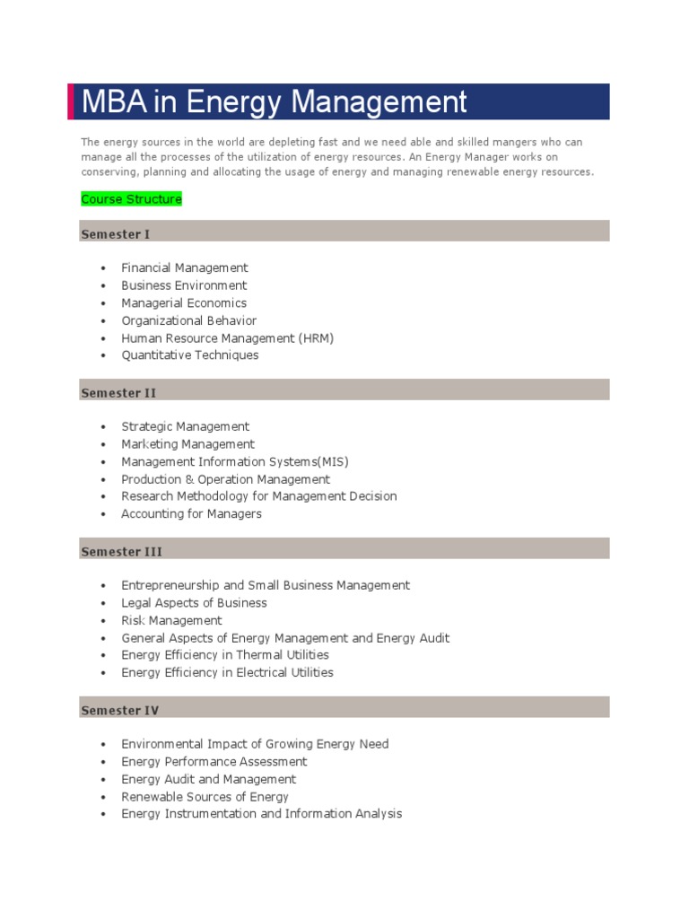 MBA in Energy Management | PDF | Energy Management | Master Of Business ...