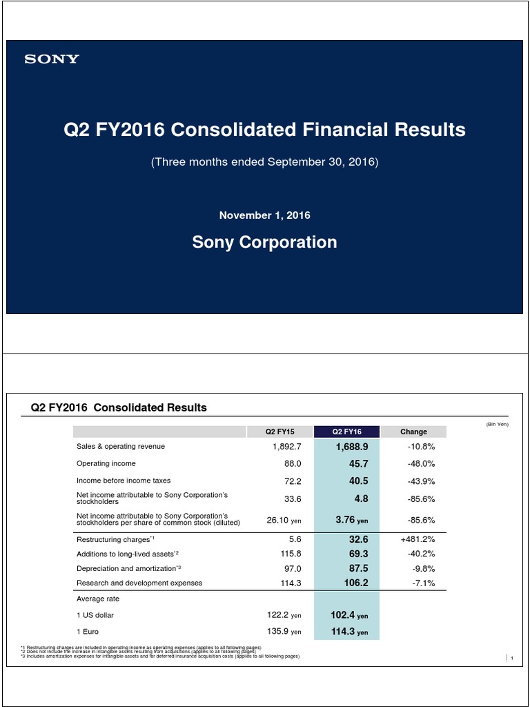 Q2 FY2016 Consolidated Financial Results: Sony Corporation | PDF | Sony ...