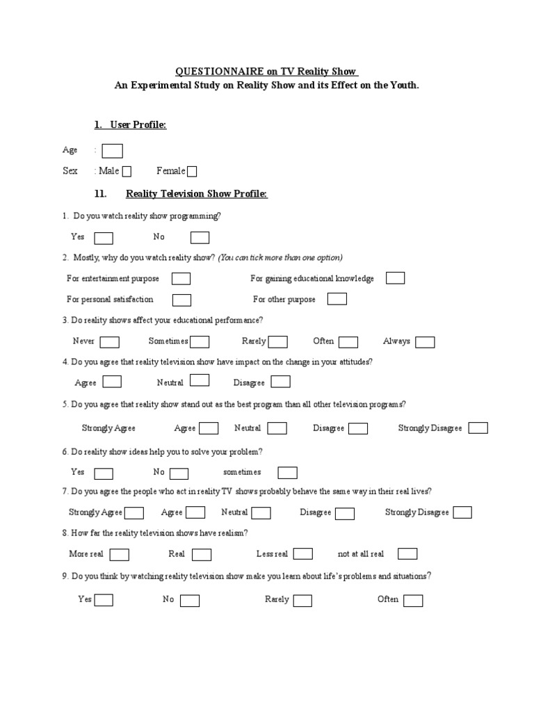 Questionnaire for TV Reality Show | Reality Television | Reality