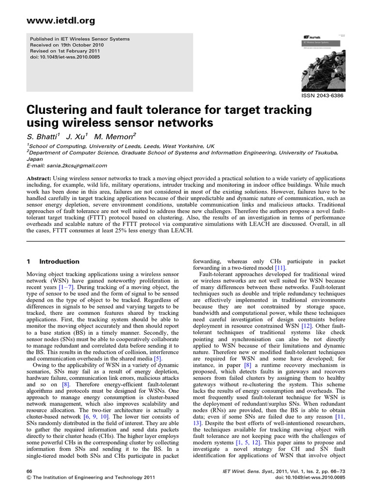 Clustering and Fault Tolerance For Target Tracking Using Wireless Sensor Networks | PDF ...