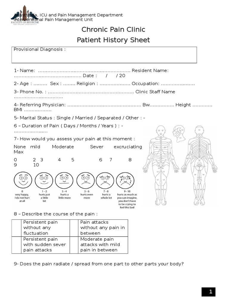 Chronic Pain Clinic Patient History Sheet | PDF | Pain | Symptoms And Signs