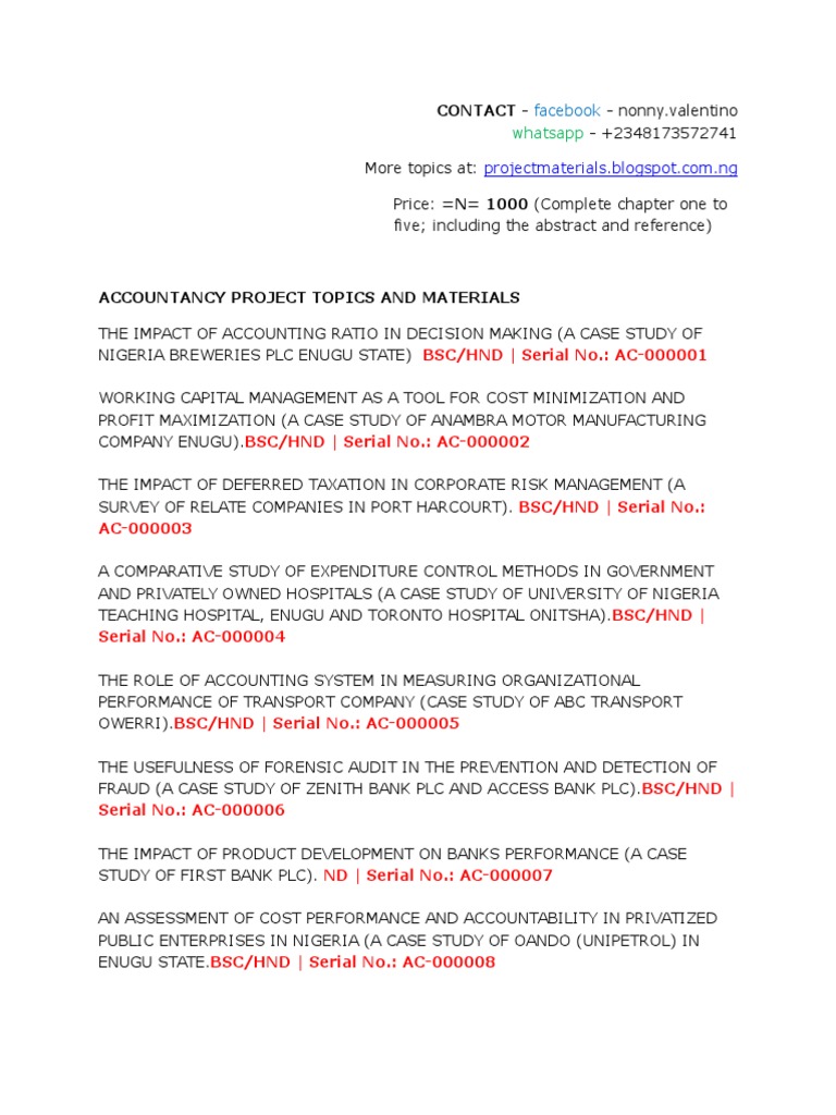 Accountancy Project Topics and Materials For Final Year Students | PDF ...