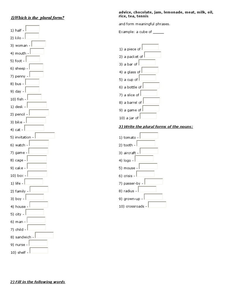 1) Which Is The Plural Form?: Advice, Chocolate, Jam, Lemonade, Meat ...