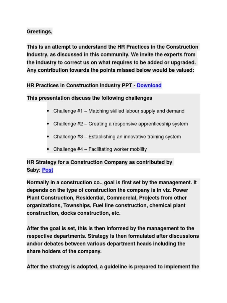 HR Practices in Construction Industry | PDF | Employment | Strategic ...