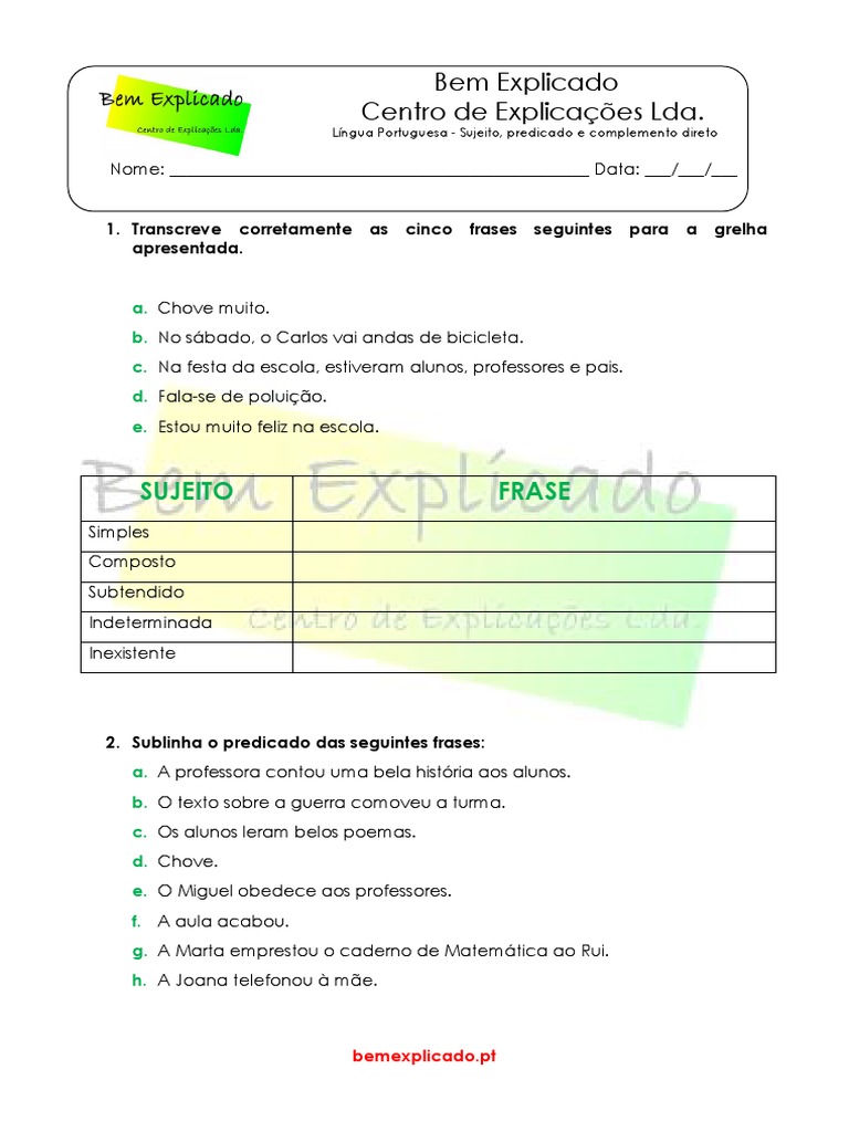 1.11 Ficha Formativa Sujeito Predicado e Complemento Direto 1 | PDF