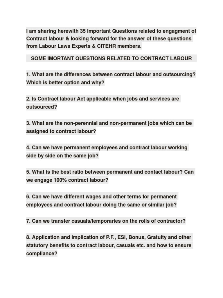 Key Questions on Contract Labour Laws | PDF | Independent Contractor ...