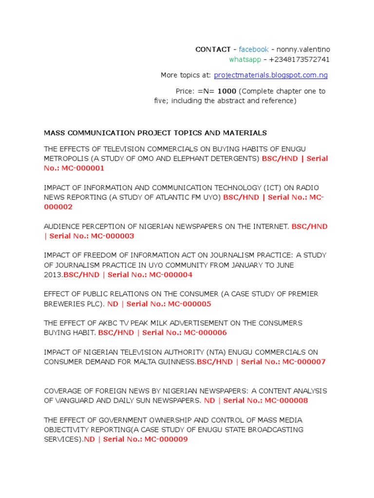 Mass Communication Project Topics and Materials For Final Year Students ...