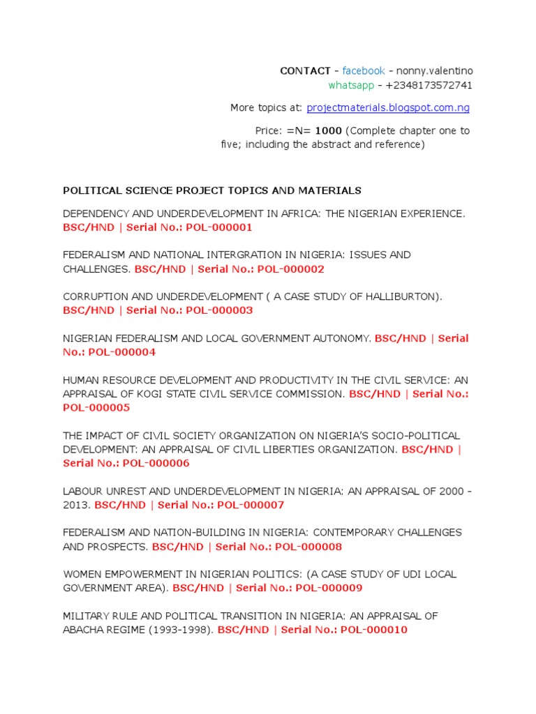 Political Science Project Topics and Materials For Final Year Students ...