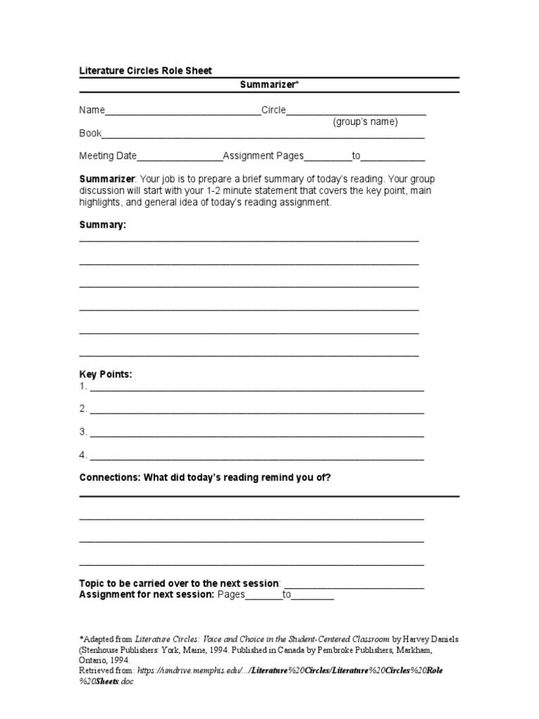 Literature Circles Role Sheets Guide | PDF | Communication