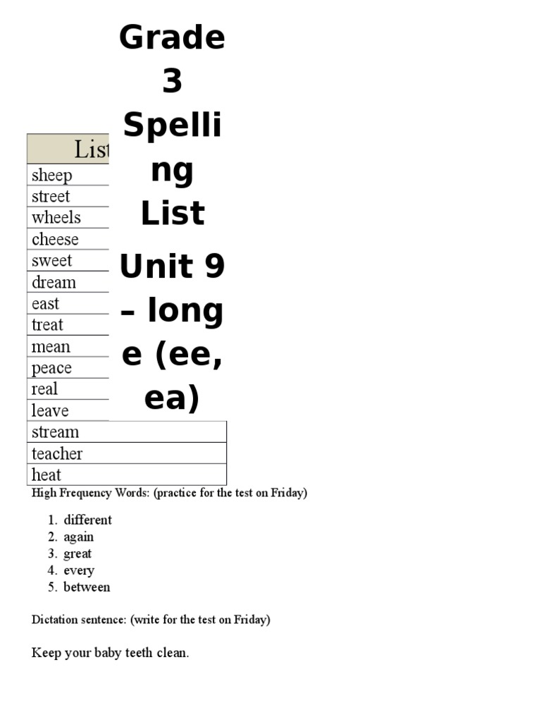 Spelling List for Grade 3 Unit 9 | PDF | Teaching Methods & Materials