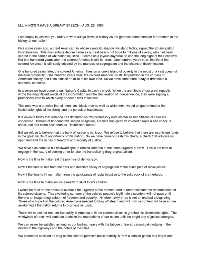 MLK's "I Have a Dream" Speech Text | PDF