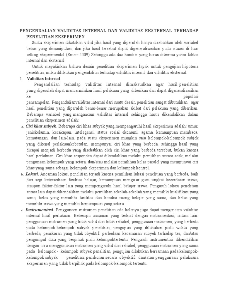 Pengendalian Validitas Internal Dan Validitas Eksternal Terhadap Penelitian Eksperimen | PDF