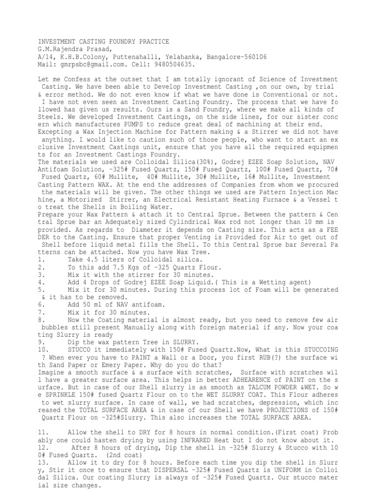 Investment Casting Foundry Practice | PDF | Foundry | Casting ...