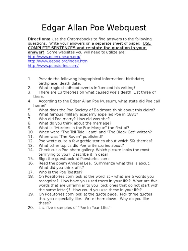 Edgar Allan Poe Webquest | PDF
