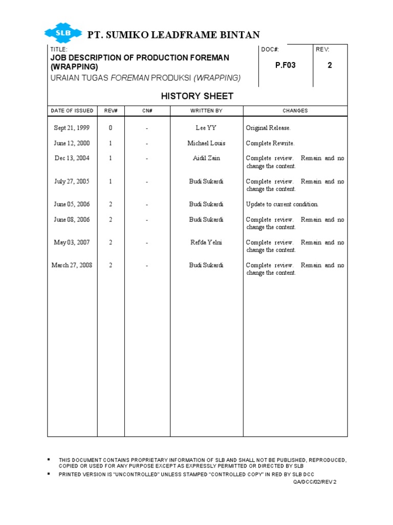 Job Description for Production Foreman (Wrapping) at PT. Sumiko ...