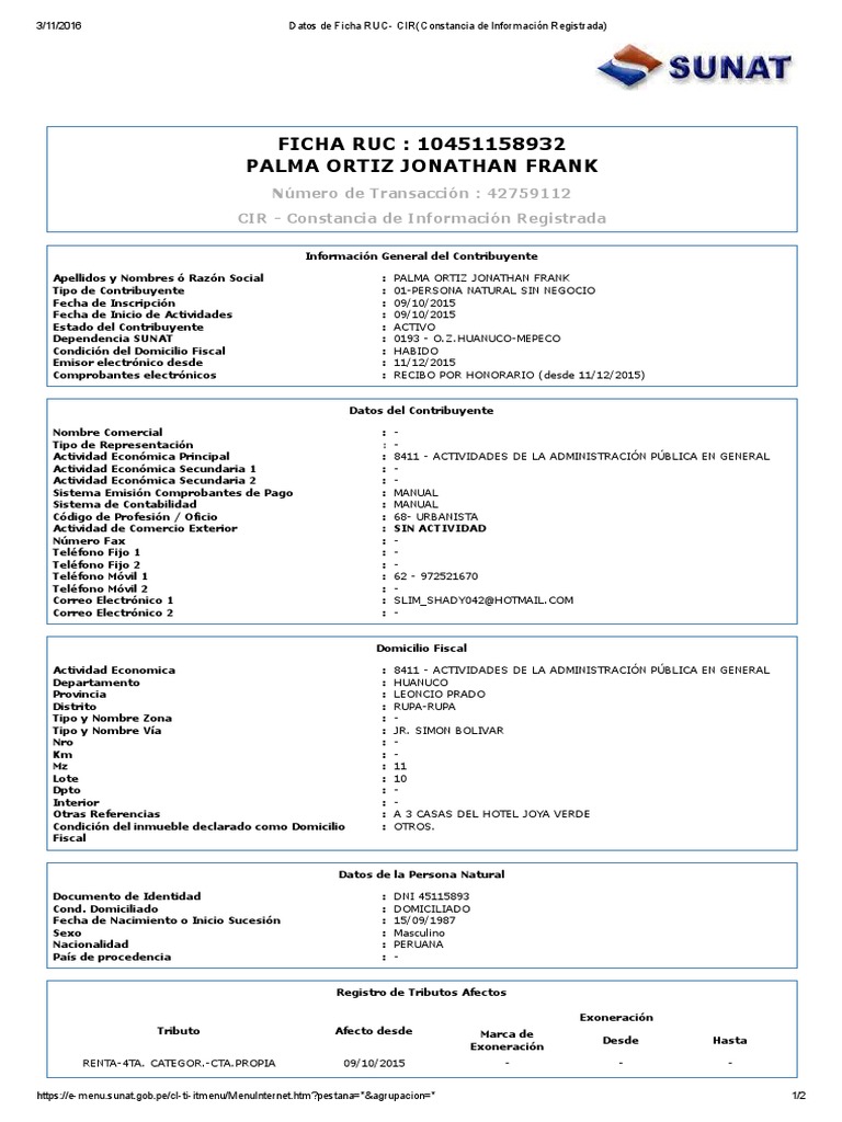 SUNAT - Ficha Ruc | PDF