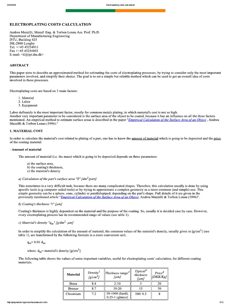 Electroplating Costs Calculation | PDF