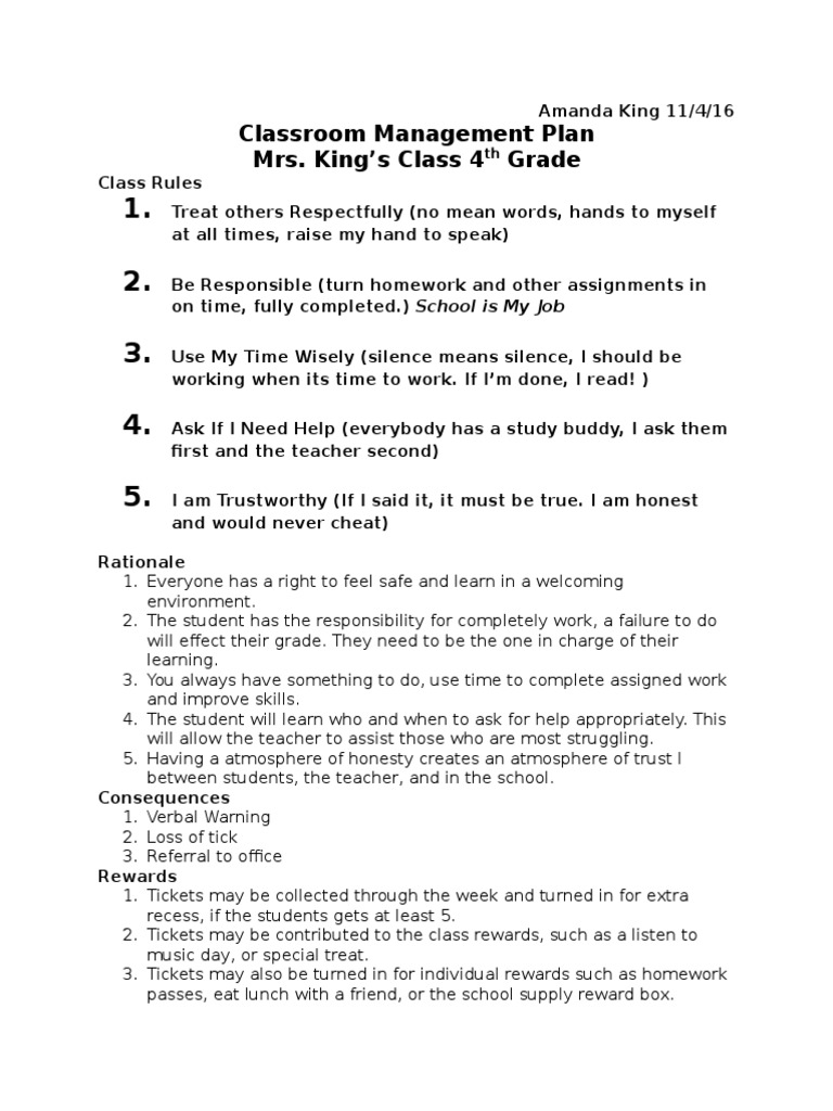 Classroom Management Plan Mrs. King's Class 4 Grade | PDF | Homework ...