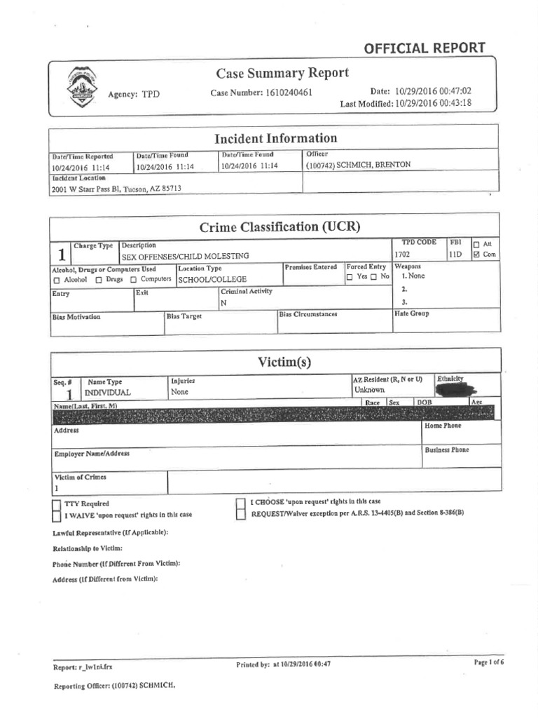 Tucson Police Report On Sexual Assault at Cholla High | PDF