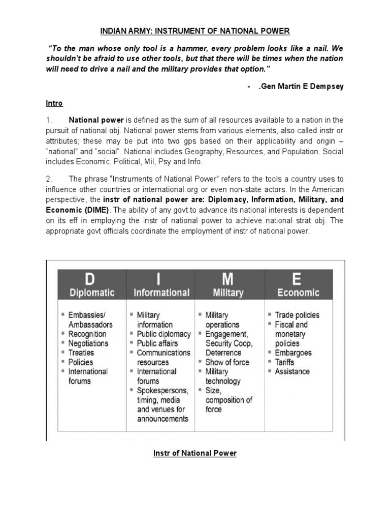 Indian Army, Instrument of National Power | PDF | Leadership | Government