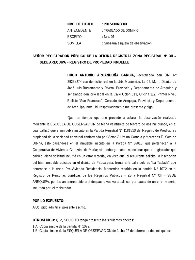 Subsana Observación Realizada Por Sunarp | PDF