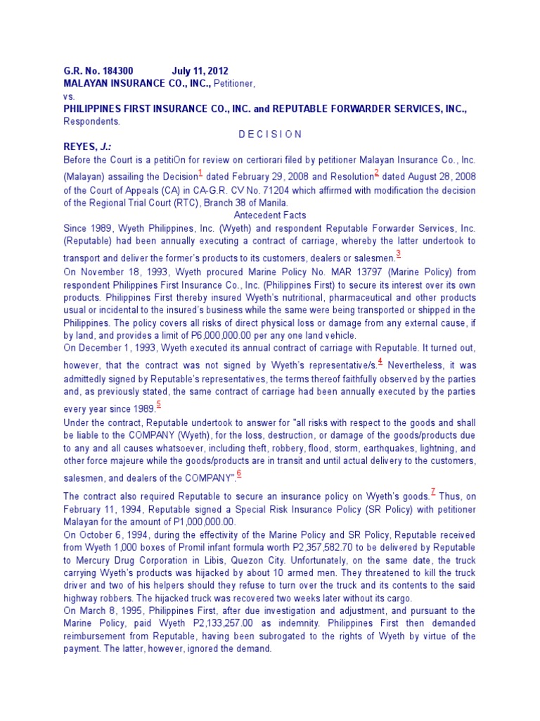 Malayan Insurance Vs Phil First Insuranc | PDF | Common Carrier | Insurance