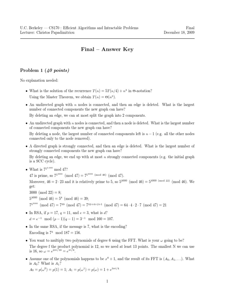 ('Christos Papadimitriou', 'Final', ' (Solution) ') Fall 2009 | PDF | Time Complexity ...