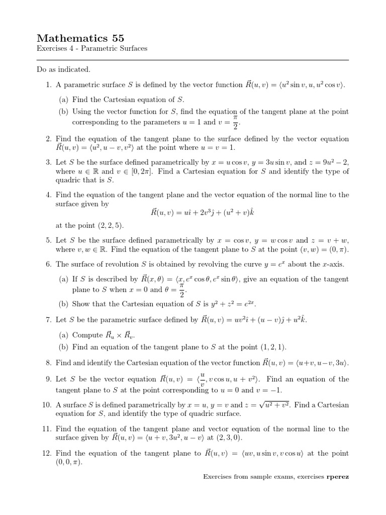 Mathematics 55: Exercises From Sample Exams, Exercises Rperez | PDF