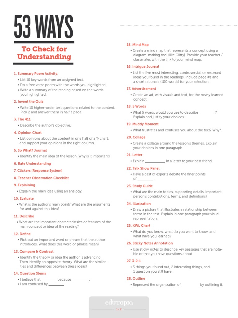 Edutopia Finley 53 Ways To Check Understanding 2016 | PDF | Expert ...