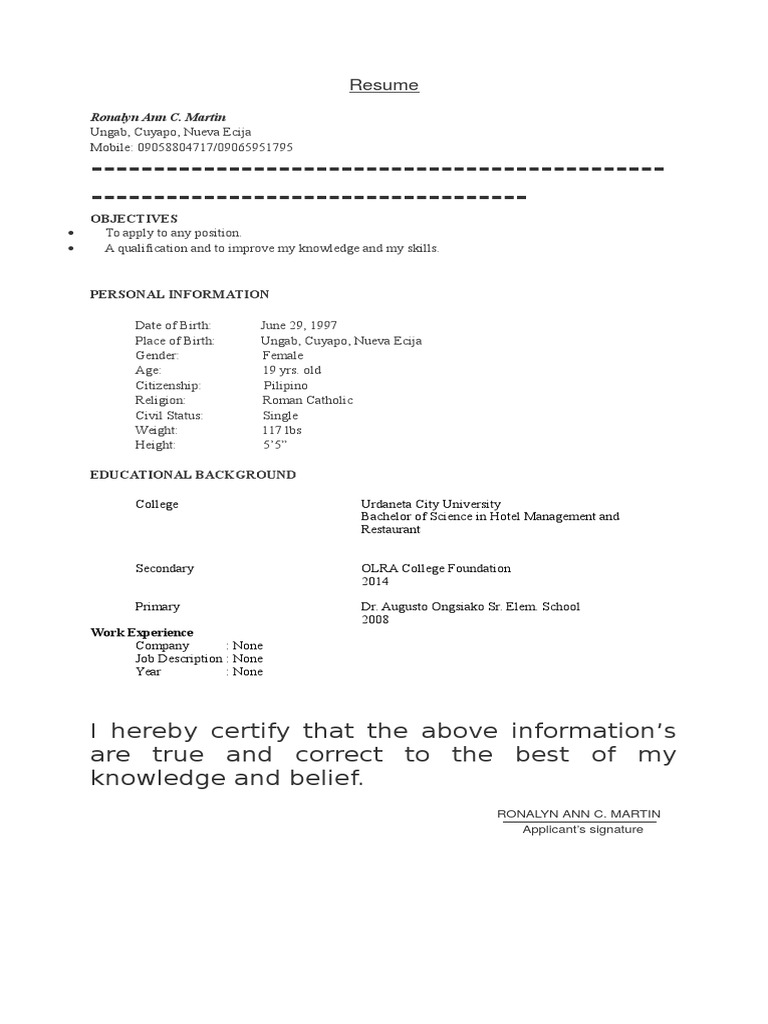 I Hereby Certify That The Above Information's Are True and Correct To ...