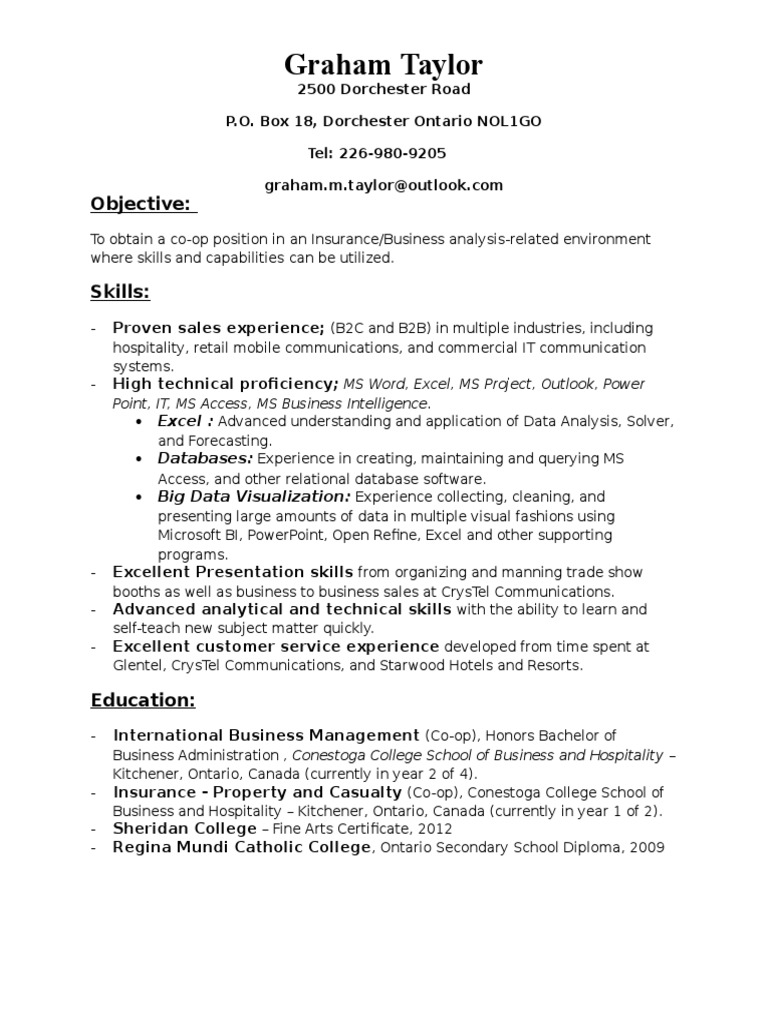 Graham Taylor - Resume Co-Op Nov 1 - 2016 | PDF | Microsoft Excel ...