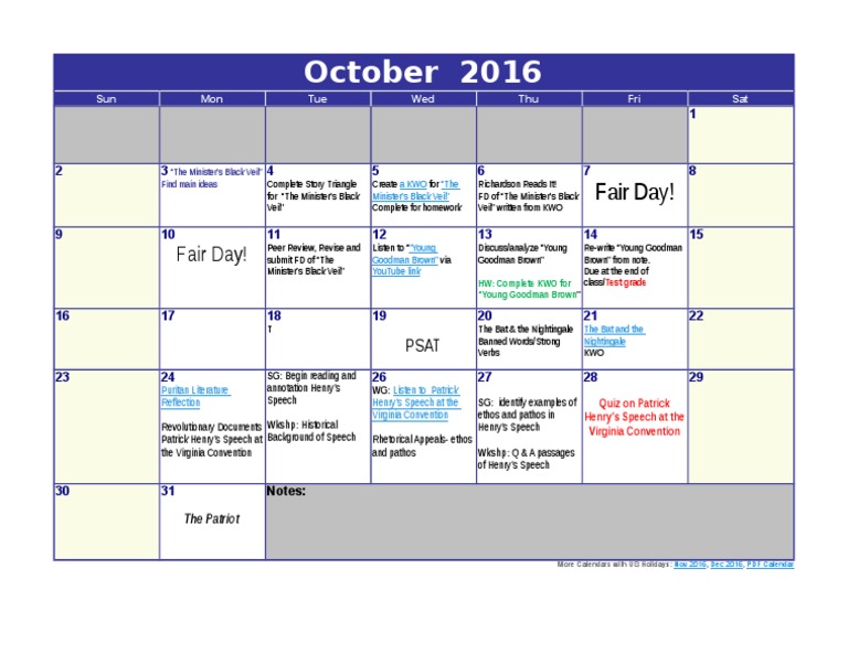October 2016 Calendar | PDF